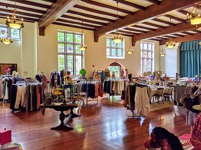 Elegance meets bargain hunting! The Thrifty Goose's historic wooden beams and natural light create a boutique shopping experience unlike any typical thrift store.