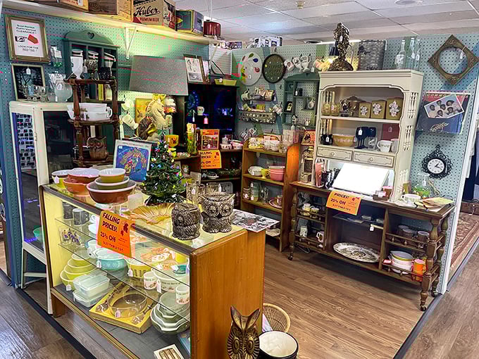 Vintage treasures stacked high create a colorful maze where every shelf holds memories waiting to be rediscovered.