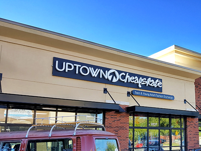 The storefront of Uptown Cheapskate in Apex beckons with promise &ndash; where fashion dreams meet budget realities!