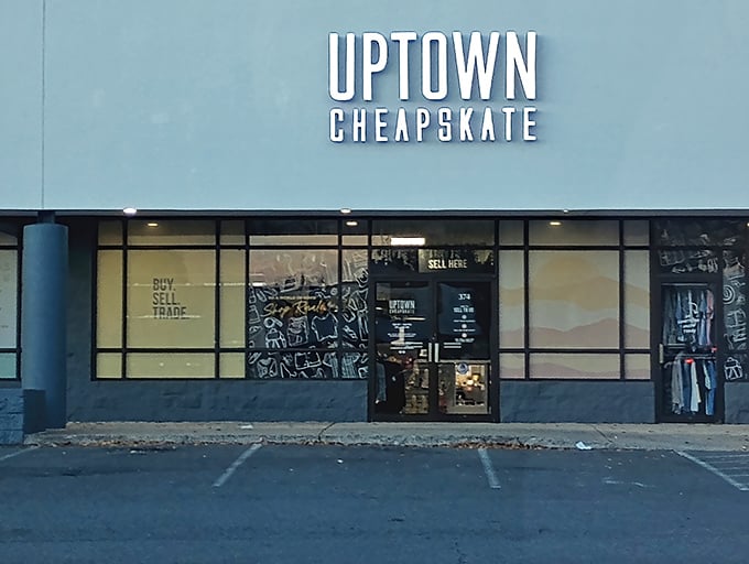 The teal storefront of Uptown Cheapskate beckons like a fashion oasis in the retail desert. Secondhand shopping never looked so first-class!