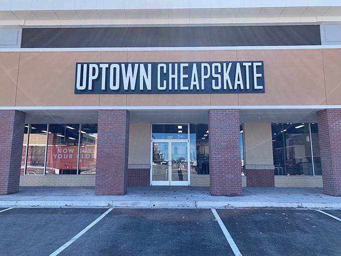 Uptown Cheapskate's sleek storefront promises treasure hunting without the musty smell. Fashion recycling never looked so inviting!