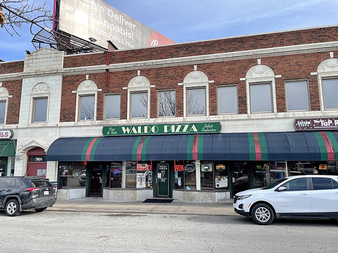 That classic brick facade whispers "pizza perfection" louder than any neon sign ever could.