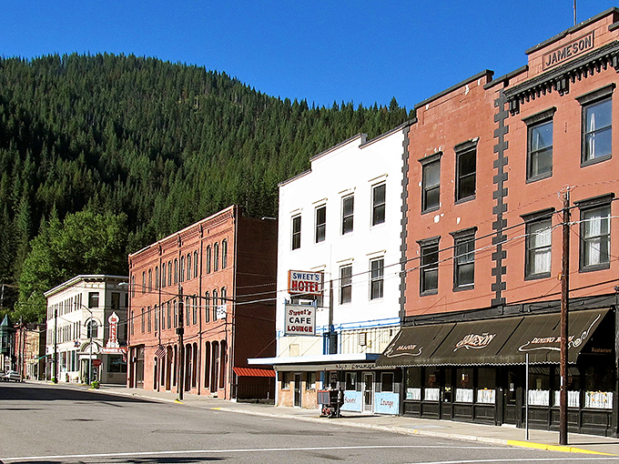 Historic brick buildings line Wallace's main street, where time seems to have stopped somewhere in the mining boom days.