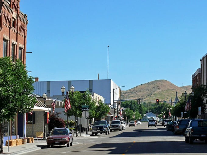 Downtown Weiser welcomes you with classic brick buildings and American flags, like a Norman Rockwell painting come to life.