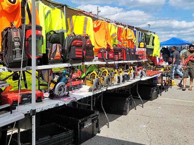 Tools, vests, and gadgets galore! This vendor's display is a DIY enthusiast's dream come true.