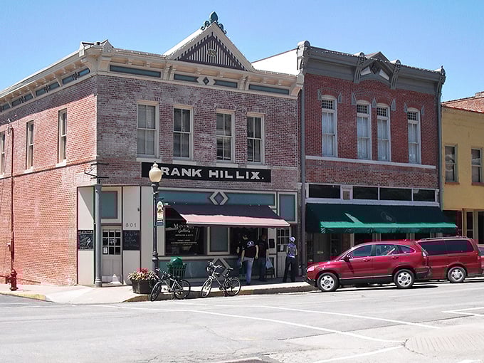 Historic brick storefronts in Weston transport you back in time. The Frank Hillix building stands as a charming reminder of Missouri's rich past.