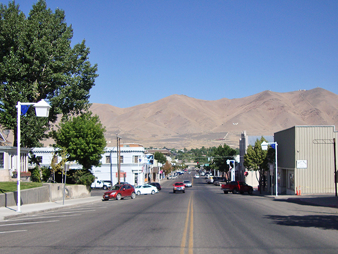 Winnemucca's main street stretches toward mountains that look like they were painted by Bob Ross himself.