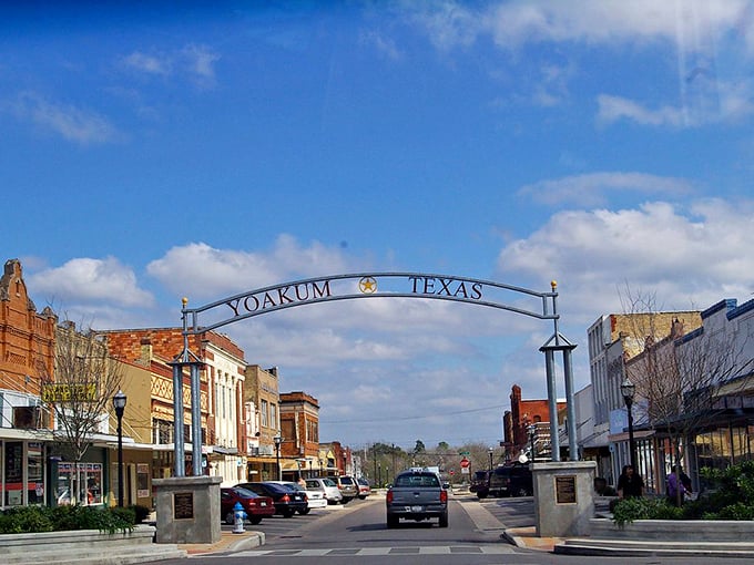 The iconic Yoakum, Texas arch welcomes visitors to a downtown that looks like a time capsule of small-town Americana.