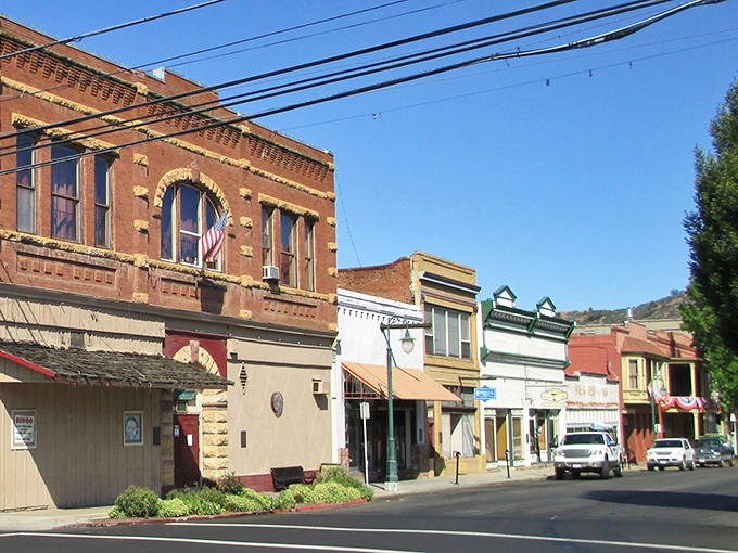 Historic brick buildings line Yreka's main street, where Gold Rush charm meets small-town tranquility. Time seems to slow down just looking at it.