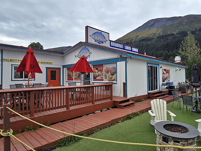 Mountain views and fresh catches await at this unassuming deck. Where halibut dreams come true!