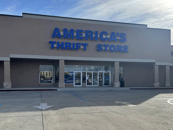 Morning light reveals America's Thrift Store in all its glory. Those columns aren't just for show&mdash;they're gateways to affordable fashion adventures!