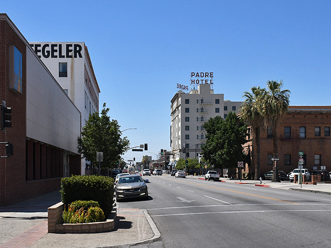 The historic Padre Hotel stands as a landmark in Bakersfield's revitalized downtown. A glimpse of the city's blend of past and present.