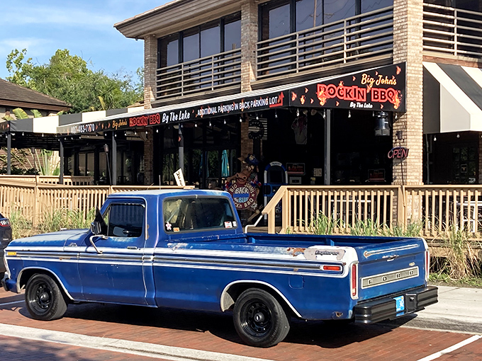 Classic blue Ford pickup meets serious BBQ joint &ndash; a match made in smoky heaven. This is where meat memories are made.