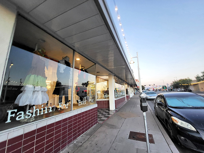 Window shopping takes on new meaning at Buffalo Exchange, where yesterday's fashion finds new life. The sidewalk view promises affordable style inside.
