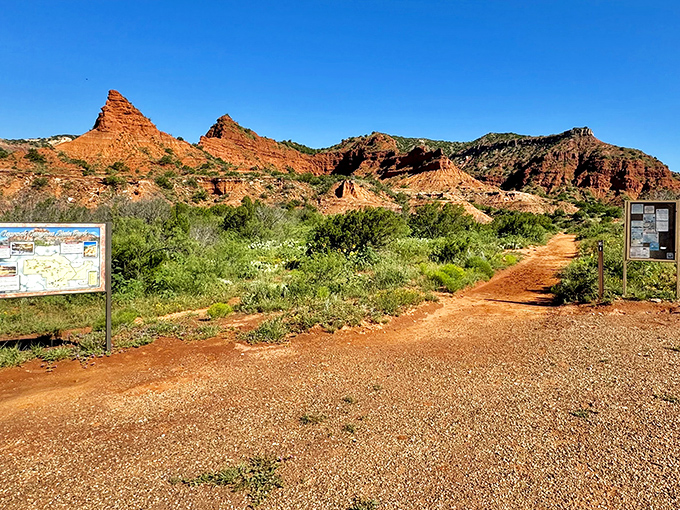 A trail beckons adventurers into a landscape that could double as Mars in a sci-fi movie.