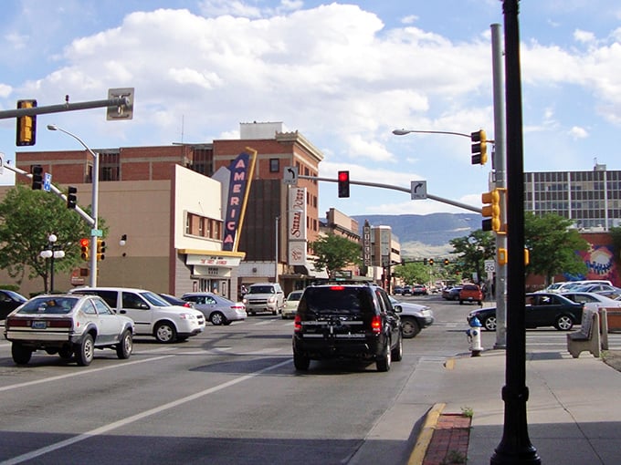 Blue skies frame Casper's inviting main street, where local shops and eateries await. Perfect for afternoon strolls on a fixed income.