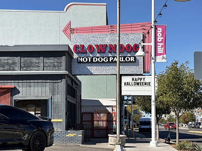 "Happy Halloweenie!" Even their marquee has personality. Clowndog's colorful exterior hints at the creative dogs waiting inside.