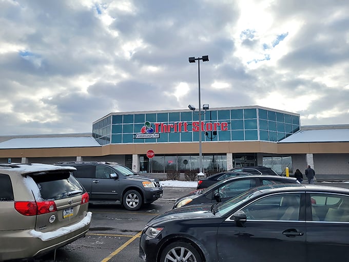 Winter shopping at CommunityAid—where one person's castoffs become another's cozy new favorites under moody Pennsylvania skies.