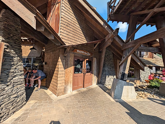 Crockett's Breakfast Camp's rustic mountain architecture welcomes hungry visitors with its stone and timber charm in Gatlinburg.
