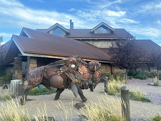 This rustic stone and timber haven houses some of South Dakota's finest steaks. The metal bison says, "No vegetarians allowed!" (Just kidding.)