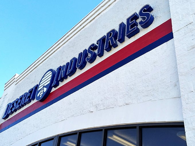 That iconic blue sign against crisp white walls &ndash; Deseret Industries isn't just a thrift store, it's a community institution where bargains await.