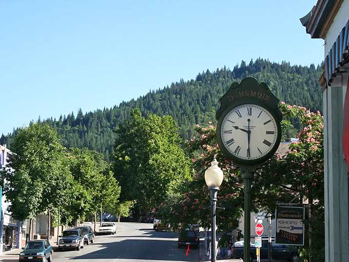 The Dunsmuir town clock stands sentinel against mountain backdrops, marking hours that nobody seems in a hurry to count.