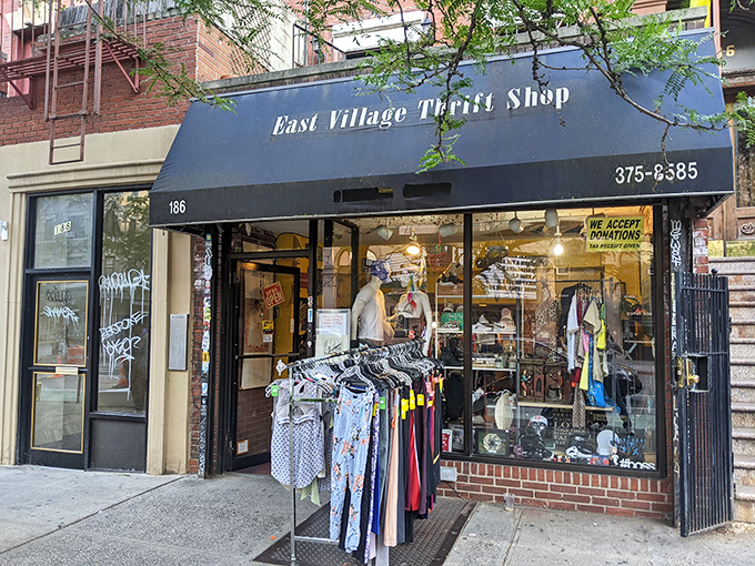 Thrift therapy in the concrete jungle! The East Village Thrift Shop's modest storefront hides a kaleidoscope of second chances and tax-deductible fashion donations.