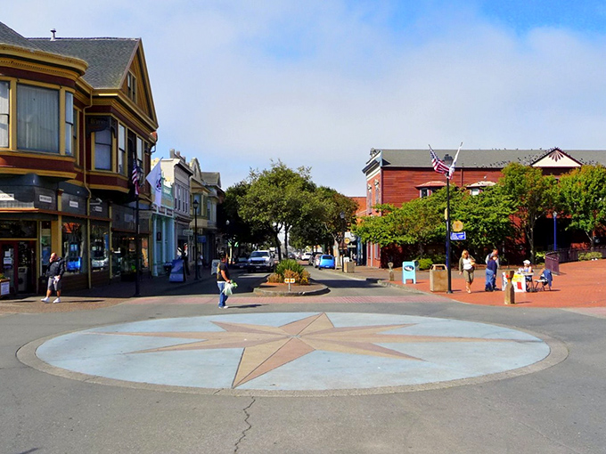 Eureka's town plaza with its compass rose design &ndash; where getting lost actually means finding yourself in small-town perfection.