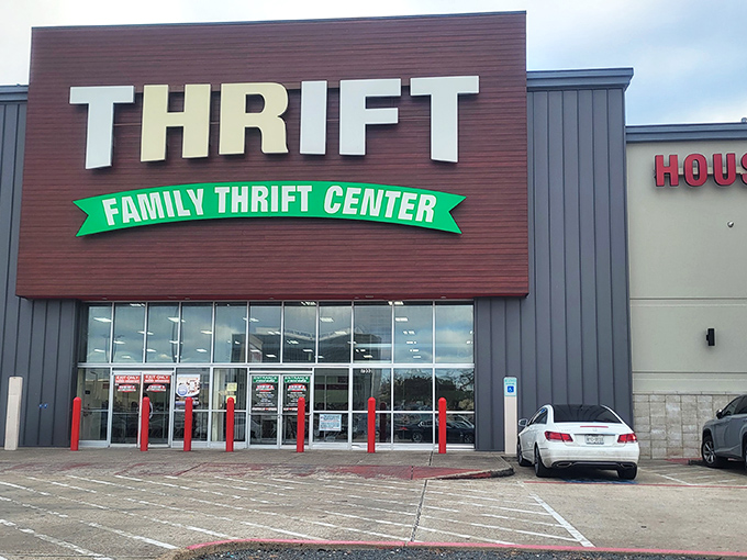 Red pillars guard the entrance to this thrifting kingdom like sentinels of savings. Every visit offers different treasures!