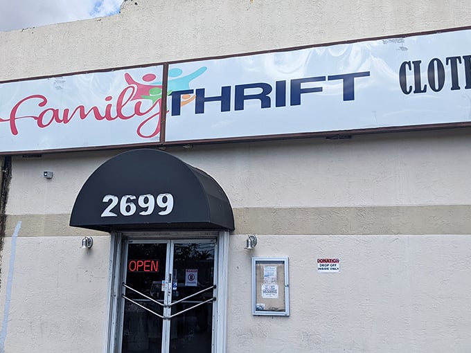 The classic storefront of Family Thrift hides a wonderland of bargains inside. That "OPEN" sign is practically winking at your wallet.