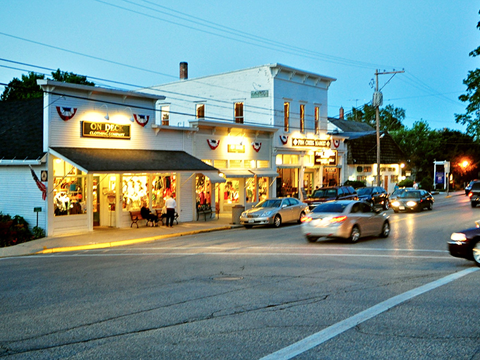 As evening falls on Fish Creek, the shops light up like a Norman Rockwell painting come to life, inviting visitors to linger just a little longer.
