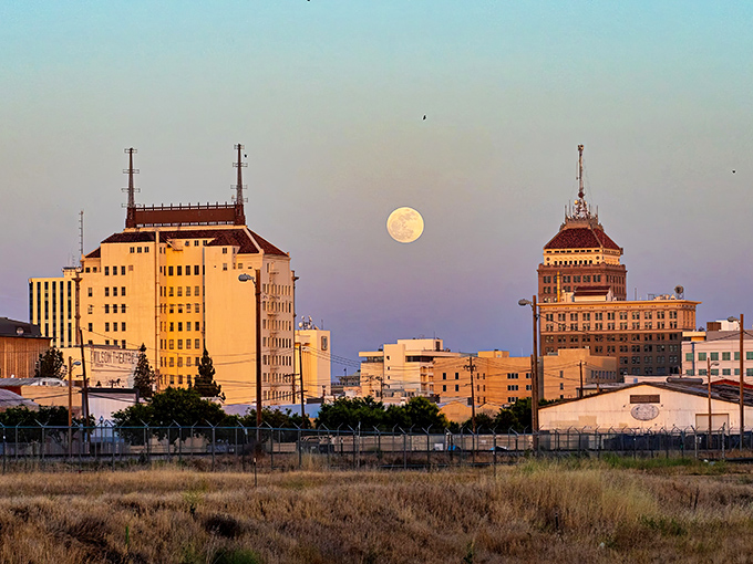 Under a full moon, Fresno's historic buildings stand tall&mdash;proof that California charm doesn't require coastal prices.
