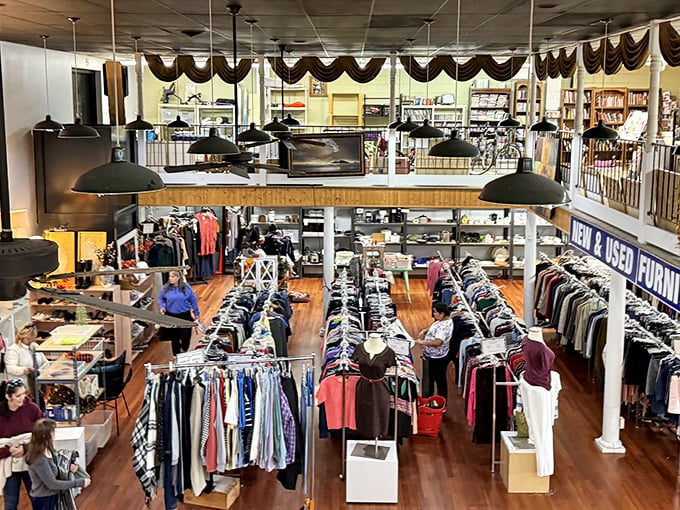 Inside this treasure trove, racks of carefully organized clothing await shoppers looking for that perfect affordable find.