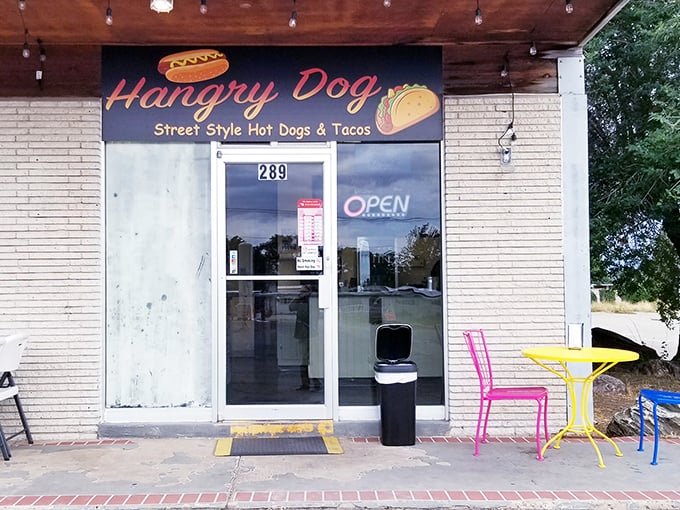 Those colorful chairs outside Hangry Dog are like a wink that says, "Yes, we're serious about fun&mdash;and even more serious about hot dogs."