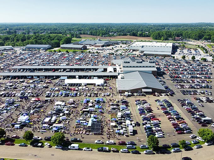Flea market metropolis! This aerial view of Hartville MarketPlace reveals a small city of vendors and shoppers, all united in the thrill of the hunt.