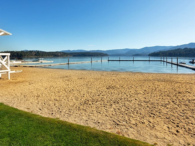 Beach day perfection! Golden sand meets crystal-clear water with mountain views that make you forget about ocean beaches entirely.