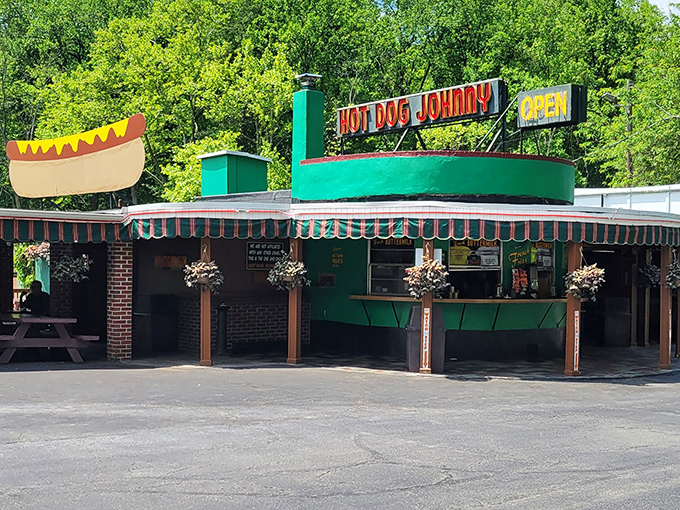 Summer perfection: a green-trimmed hot dog stand against leafy trees. The kind of place where memories are made, one dog at a time.