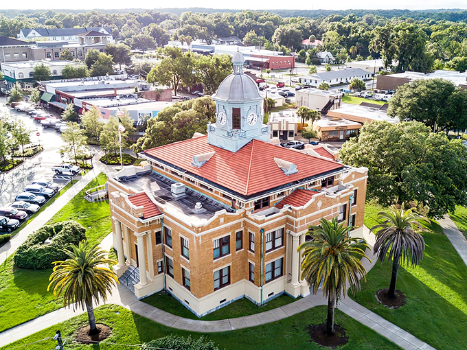 Inverness from above reveals its beautiful courthouse dome, surrounded by a patchwork of small-town charm and leafy streets.