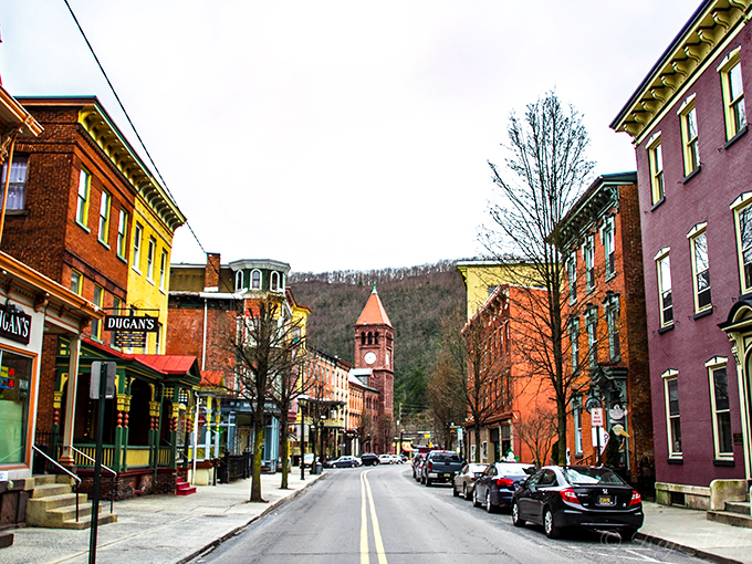 Fall foliage frames Jim Thorpe's historic downtown, where brick buildings and mountain backdrops create Pennsylvania's "Little Switzerland."
