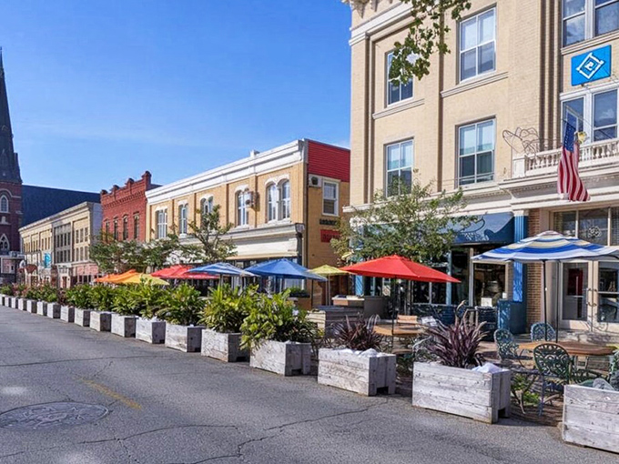 Outdoor dining with small-town charm – these colorful storefronts aren't putting on airs, they're just naturally delightful.