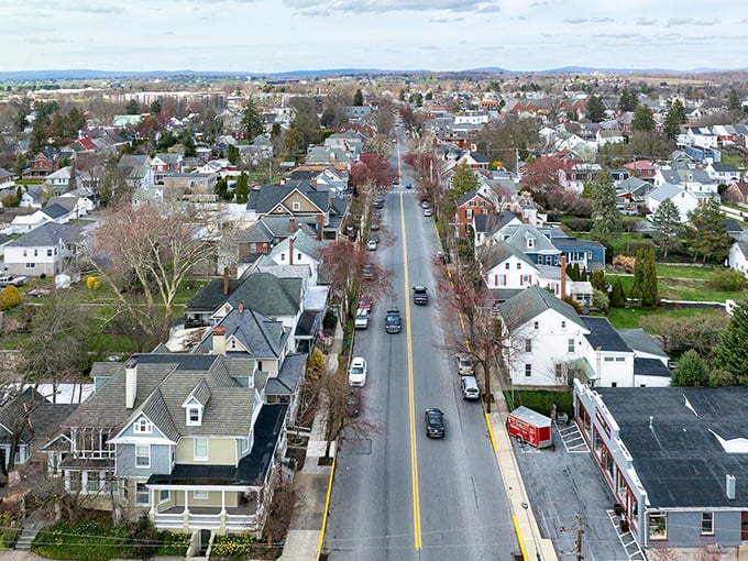 Lititz from above reveals a perfect small-town tapestry, where streets weave together neighborhoods like a cozy quilt.