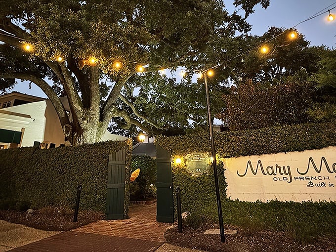 Twinkling lights transform Mary Mahoney's courtyard into a magical seafood sanctuary after sunset.