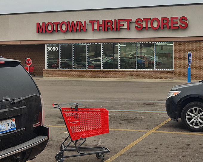 Red shopping carts stand ready for action outside Motown Thrift. This isn't just shopping&mdash;it's an adventure waiting to happen.