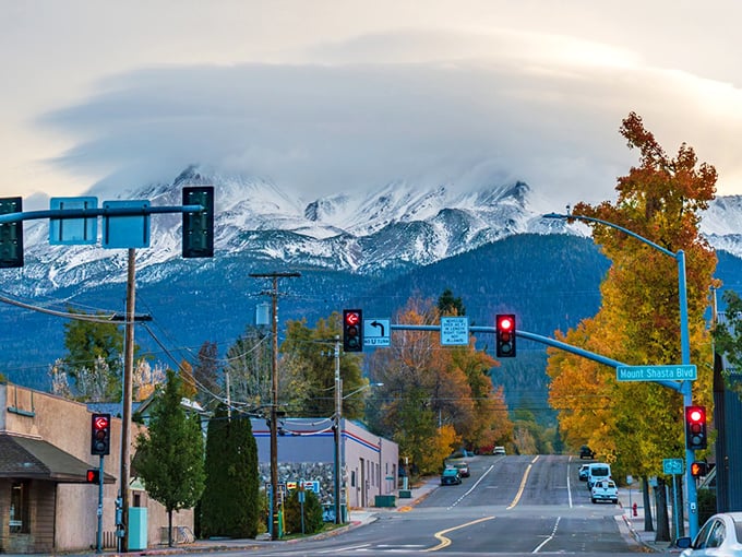 In Mount Shasta, even stopping at a red light feels magical with that snow-capped peak playing peekaboo between autumn-kissed trees.