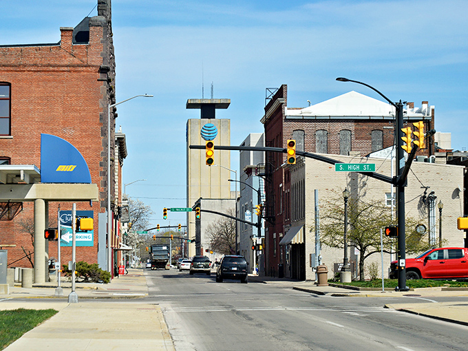 Walnut Street meets High Street in Muncie's revitalized downtown, where retirement dollars stretch as far as these open skies.