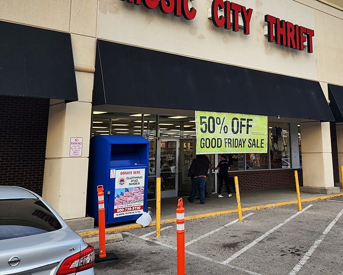 Sale day at Music City Thrift! That 50% off sign is music to a thrifter's ears.