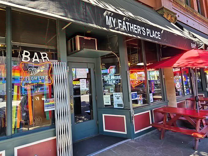 A slice of old Portland preserved in time, complete with neon beer signs and red picnic tables for people-watching.