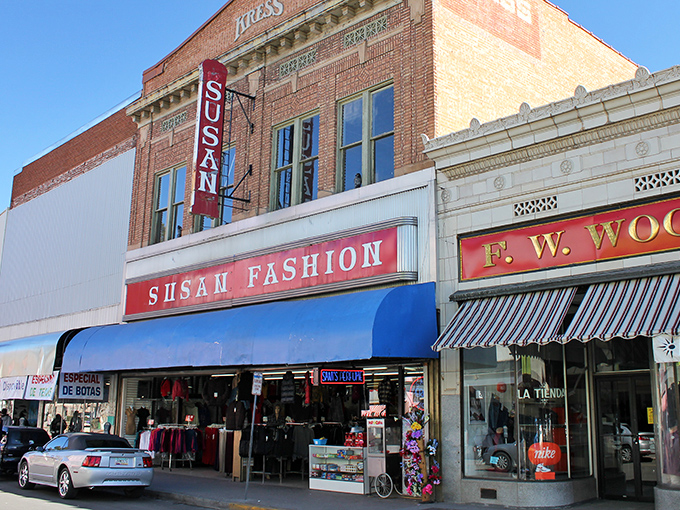 Susan Fashion adds a splash of color to Nogales' historic downtown. These brick buildings have stories to tell!