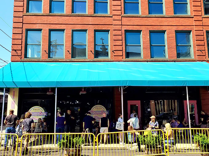 Weekend warriors line up outside Pamela's under that cheerful blue awning. Some treasures are worth the wait!