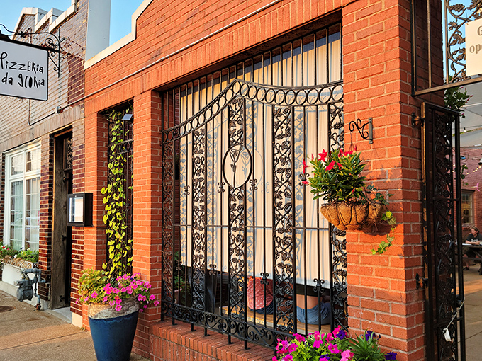 A closer look at Pizzeria da Gloria's inviting entrance. Those decorative gates aren't just pretty&mdash;they're guarding some of St. Louis's most treasured pizza secrets.